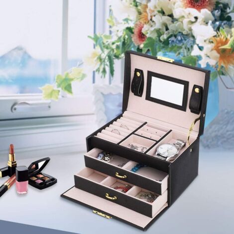 Jewelry Cabinet Jewelry Box Jewelry Organizer Makeup Box Jewelry and Cosmetic Beauty Case 3 Layers with 2 Drawers Black