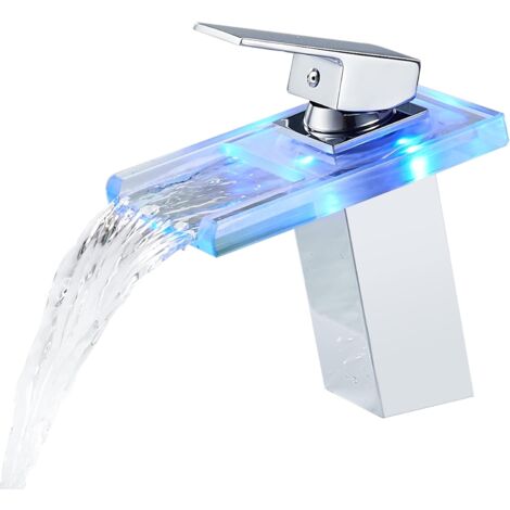 LED Glass Waterfall Basin Faucet Cold and Hot Water Sink Faucet 3 Color Changing Brass Body