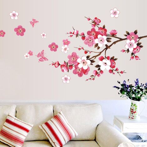 Sticker mural fleur de cerisier avec papillon rose rouge (120x50cm) I ...