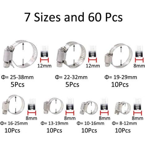 60 Pieces Hose Clamps 7 Sizes 8-38mm Adjustable Range Stainless Steel ...
