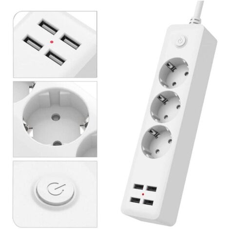 Regleta USB estándar europea con 3 tomas de corriente, 4 puertos USB ...