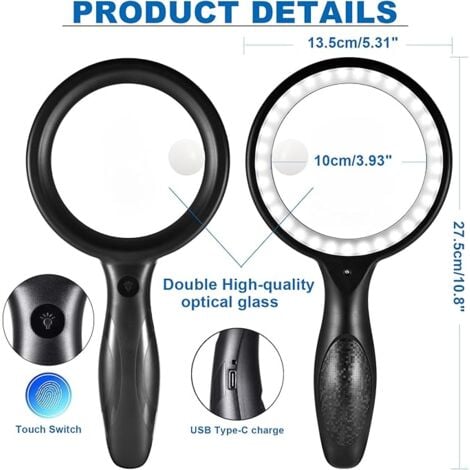 Lntyq Loupe de lecture, loupe 60X 30X 33LED avec lumière, loupe LED rechargeable USB, loupe ...