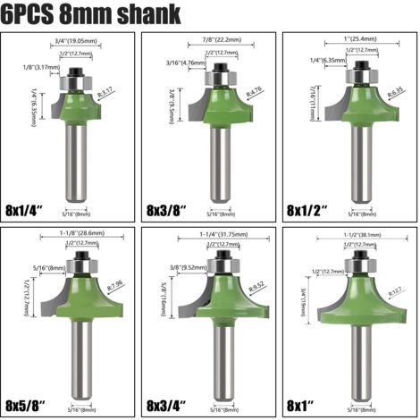 Lntyq 6 Pcs Fraise Defonceuse 8 mm, Fraise Quart de Rond Avec Tige de 8 mm, Fraise a Surfacer ...