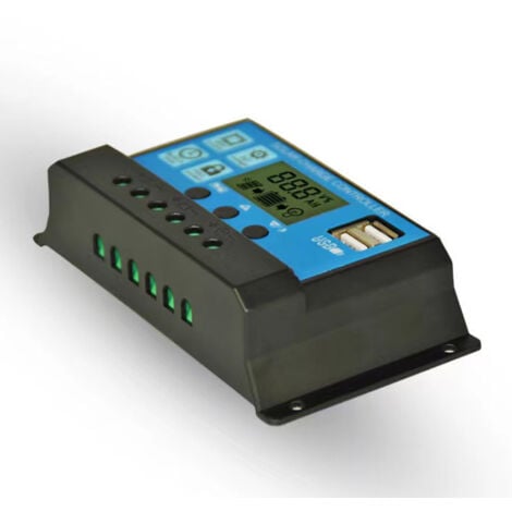 Lntyq Régulateur de charge de panneau solaire PWM, 12 V/24 V, 20 A, écran LCD, double port USB
