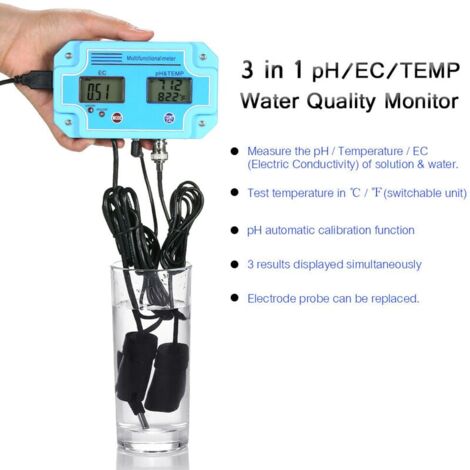 Medidor de pH/EC/TEMP profesional 3 en 1, detector de agua digital LCD, monitor de calidad del ...