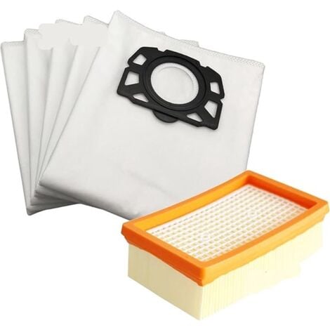 Adecuado para KARCHER. 5 bolsas de aspiradora + 1 filtro plano para WD 4, WD 5, WD 6, MV 4, MV 5 ...