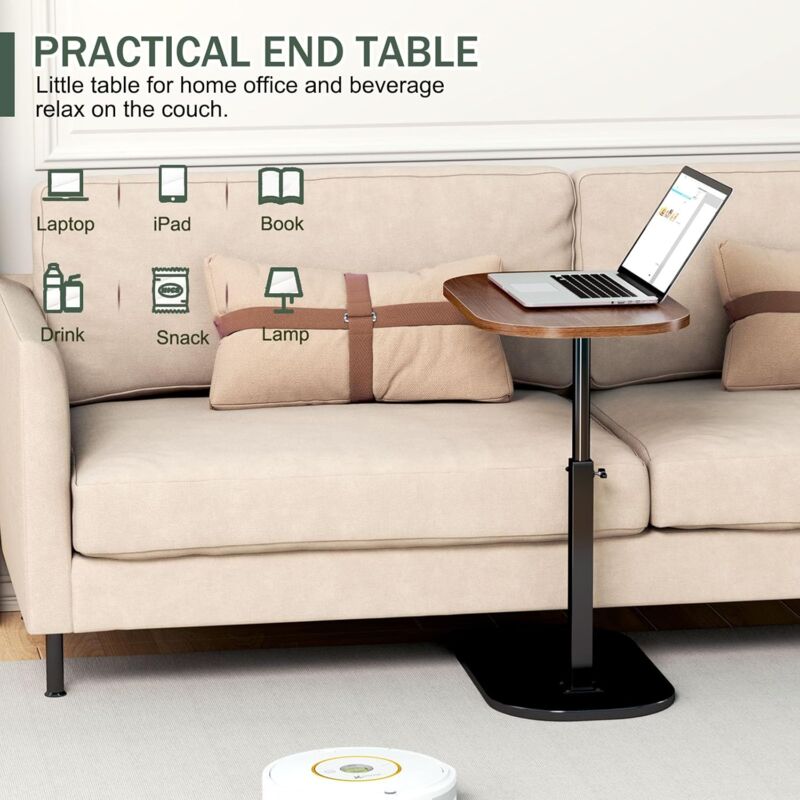 C Shaped Side Table Adjustable Height Slim End Table 360 Swivel TV Tray Under Shelf Sliding Sofa Tables Small Coffee Tables Walnut Color