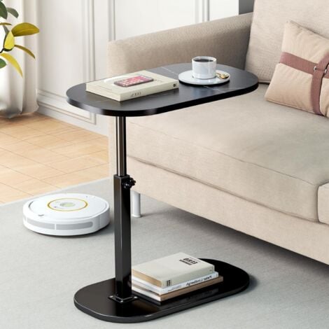 C Shaped Side Table Adjustable Height Slim End Table 360 Swivel TV Tray Under Shelf Sliding Sofa Tables Small Coffee Tables Black