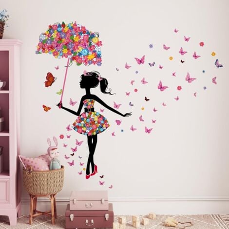 Flower Fairy Wall Stickers Butterfly Girl Wall Decals Girl With ...