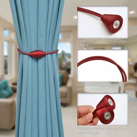 2 Pack (Wine Red) Handmade Woven Rope Magnetic Curtain Tiebacks ...