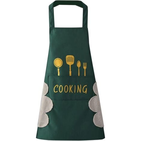Kitchen Apron Green for Women with Pockets for Wiping Hands Large Pocket Hand Wiping Waterproof for