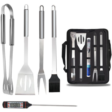 5 Piece BBQ Utensil Set with Thermometer, Stainless Steel Carry Bag ...