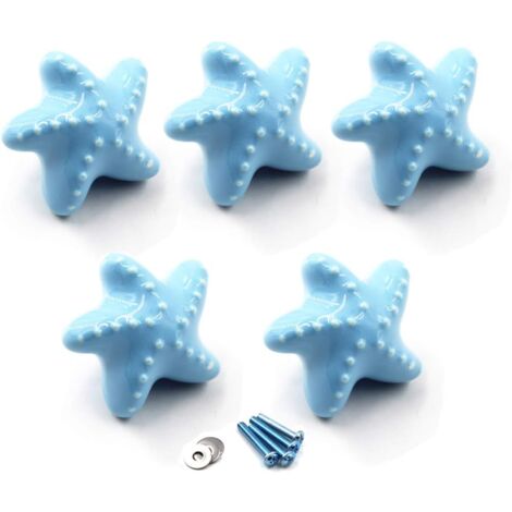 (5 Pack Screws Included) Blue Drawer Knob Ceramic Cabinet Knobs Starfish Shape Kids Room Handle ...