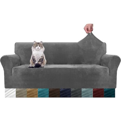 3 Seater Grey Thick Velvet Sofa Cover Super Stretch for Dogs Cat Pet Friendly 1 Piece Elastic Plush Furniture Protector
