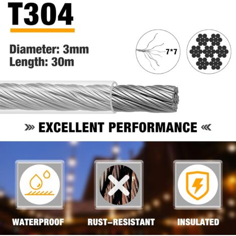 Stainless Steel Wire Rope Hanging Kit, 30M/3mm Wire Rope, Garden Cable ...