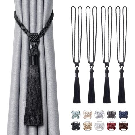 (Black)4 Pack Long Tassel Curtain Tiebacks Handmade Braided Rope ...