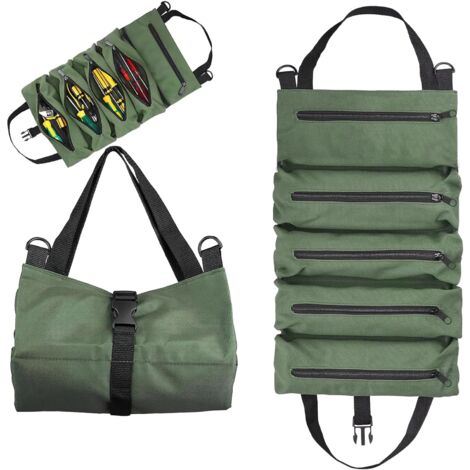 (Green)Canvas Roll Up Tool Bag with 5 Zipper Pockets, Multi-Function ...