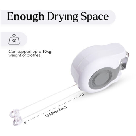 Retractable Wall Mounted Clothes Dryer, White, 26M of Drying Space (13m ...