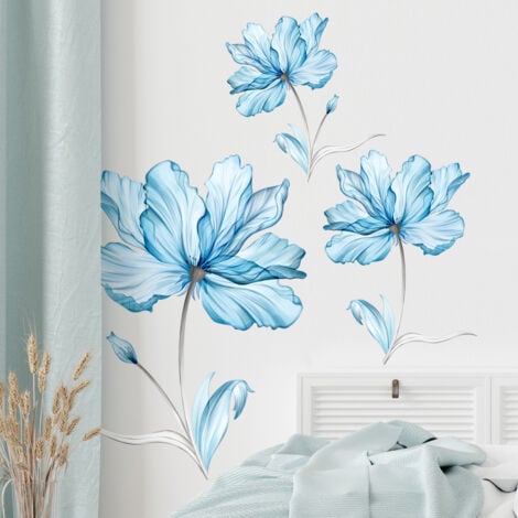 CSPARKV Blue Flowers Wall Sticker Large Flowers Plants Wall Decal ...