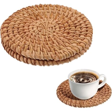 Set of 2 Natural Rattan Woven Coasters, 10cm Round Wicker Coasters ...
