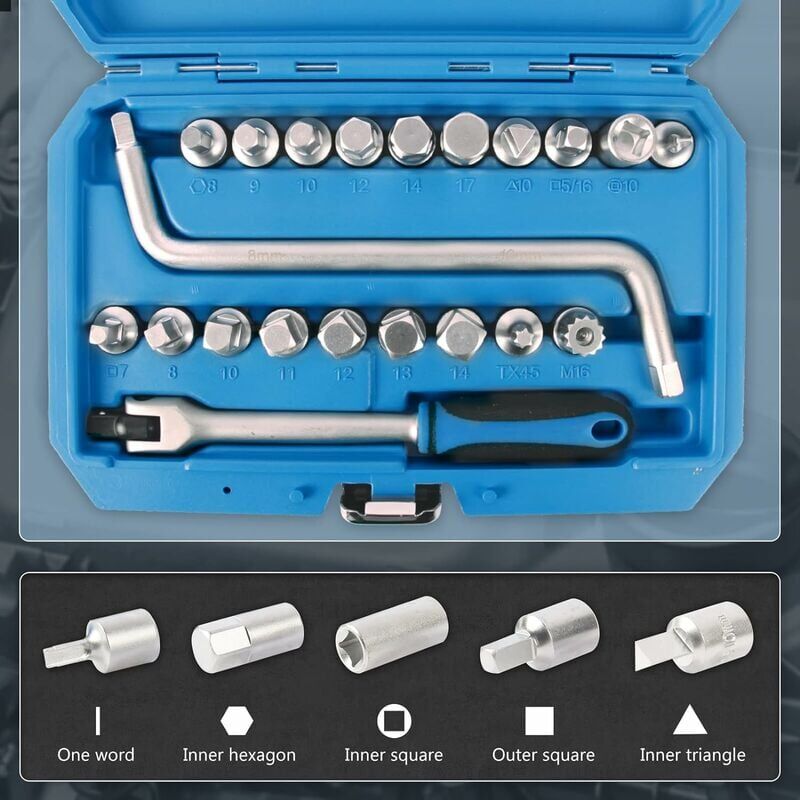 21Pcs 3 8 Oil Drain Plug Socket Kit with Hex Socket Triangle Torx Spline Bit 8 10mm Oil Drain Plug Wrench Auto Repair Tool