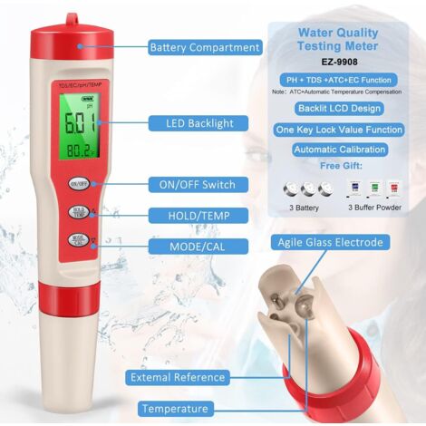 Medidor de pH, medidor de pH digital 4 en 1 con función de pH/TDS/EC/ATC para agua potable ...