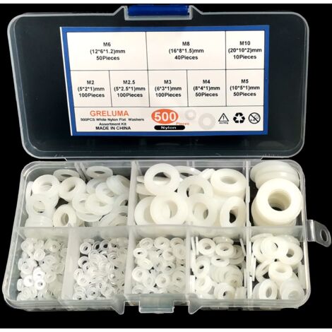 Juego de 500 tornillos y arandelas planas de nailon de plástico, color blanco, M2, M2.5, M3, M4 ...