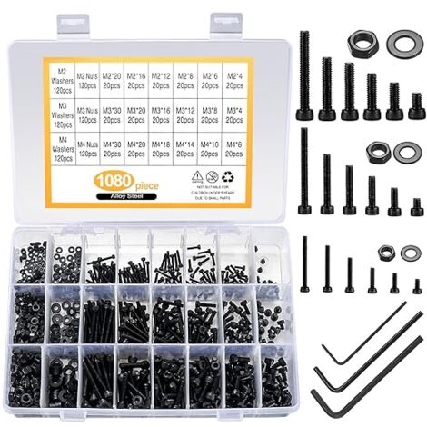 Kit surtido de 1080 tornillos, tuercas y arandelas planas de cabeza hueca hexagonal M2, M3 y M4 ...