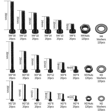Kit surtido de 1080 tornillos, tuercas y arandelas planas de cabeza hueca hexagonal M2, M3 y M4 ...