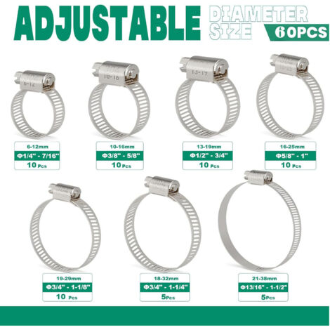Paquete de 60 abrazaderas de acero inoxidable para tubos sin fin de 6 a 38 mm
