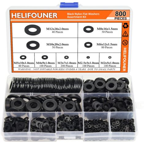 Surtido de 800 arandelas planas de nailon negro (9 tamaños): M2, M2.5, M3, M4, M5, M6, M8, M10 y M12