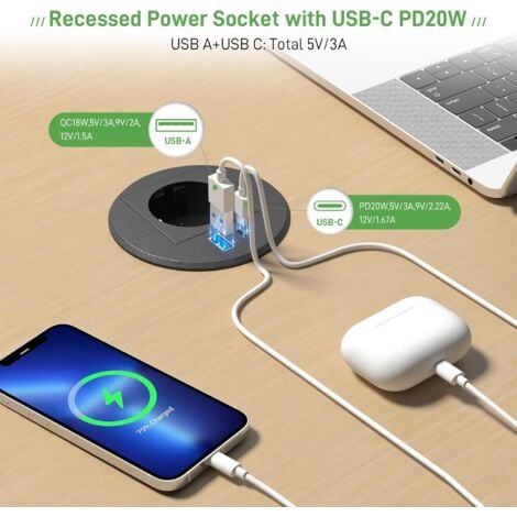 Enchufe empotrable con USB C PD20W, enchufe retráctil con USB, regleta empotrable para ...