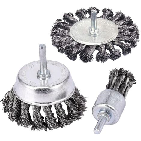 Set of 3 knotted wire brushes with 1/4" handles, 3" and 1" angled end ...