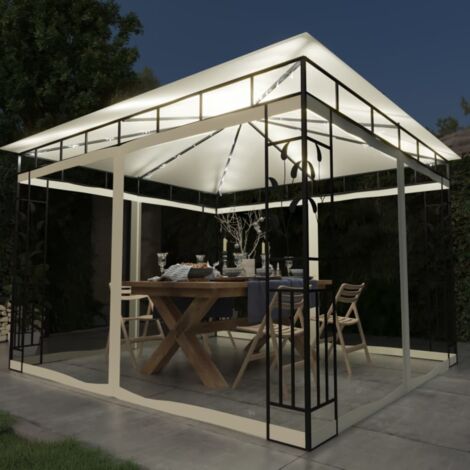 Gazebo，Pavilion with Mosquito Net&LED String Lights 3x3x2.73 m Cream ...