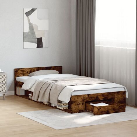 Single Bed，Adult bed，Bed Frame with Drawer without Mattress Smoked Oak ...