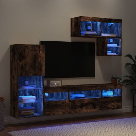 6 Piece TV Wall Units，TV stand，TV Cabinets with LED Smoked Oak ...