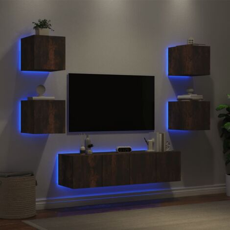 6 Piece TV Wall Units，TV stand，TV Cabinets with LED Smoked Oak ...