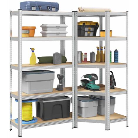 2 Piece 5-Layer Shelves，Racks Set Silver Steel&Engineered Wood VSVS5209395