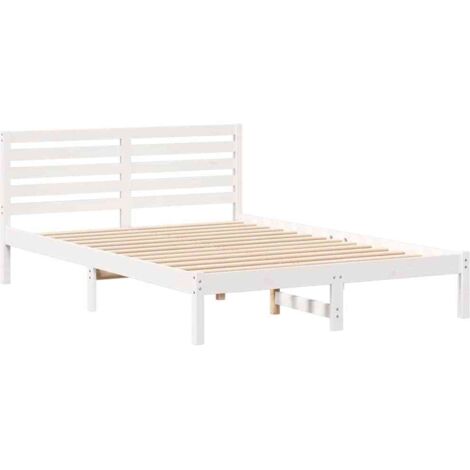 Double bed，Bed Frame with Headboard White 140 x 210 cm Solid pine wood ...