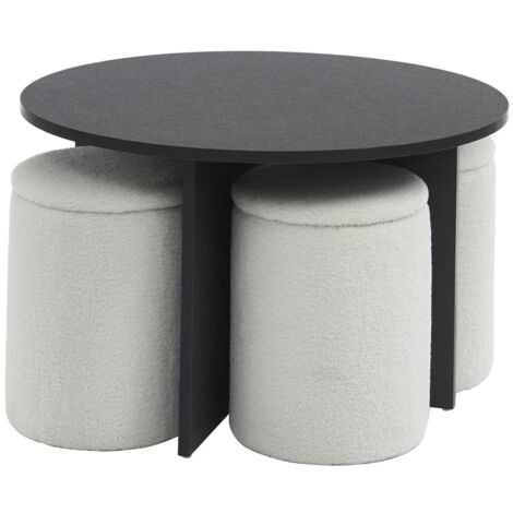 Table basse en MDF + 4 poufs en tissu bouclette - Noir et blanc - AKSAY