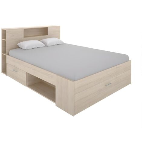Lit avec tête de lit rangements et tiroirs - 160 x 200 cm - Coloris : Naturel - LEANDRE