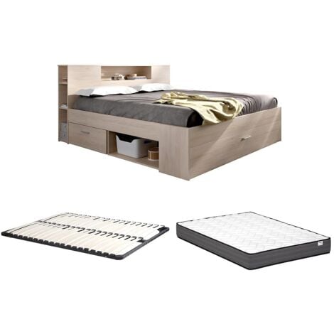 Lit avec tête de lit rangements et tiroirs - 140 x 190 cm - Coloris : Naturel + Sommier ...