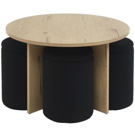 Table basse en MDF + 4 poufs en tissu bouclette - Naturel et noir - AKSAY