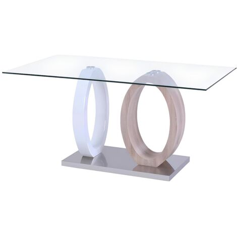 Table à manger AYANE - 6 personnes - Verre trempé et MDF - Chêne & Blanc