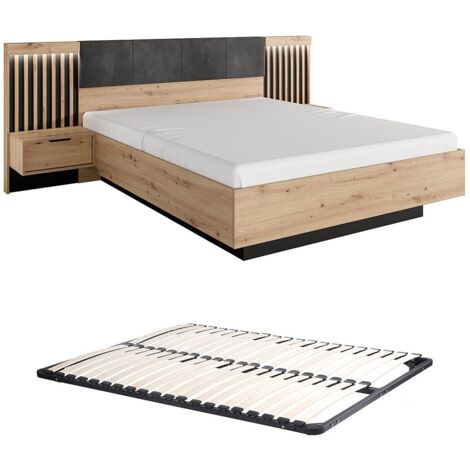 Lit avec chevets 160 x 200 cm - Avec LEDs - Coloris : Naturel et noir ...