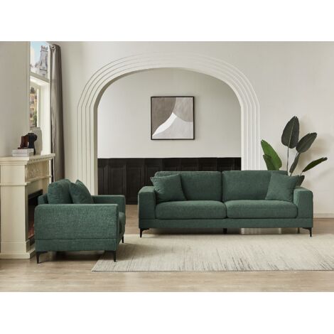Canapé 3 places et fauteuil en tissu texturé vert JAMOLO