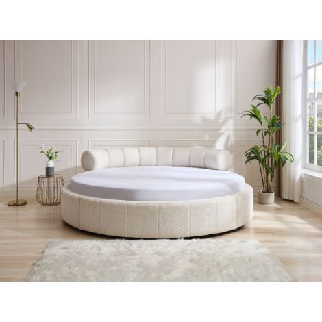 Vente-Unique – Lit rond 220 x 220 cm – Tissu bouclette blanc – MDF et ...