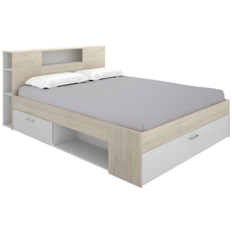 Lit avec tête de lit rangements et tiroir - 180 x 200 cm - Coloris : Naturel et blanc - LEANDRE