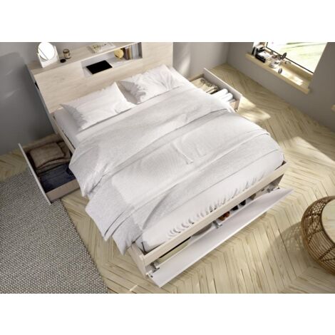 Lit avec tête de lit rangements et tiroir - 180 x 200 cm - Coloris : Naturel et blanc - LEANDRE