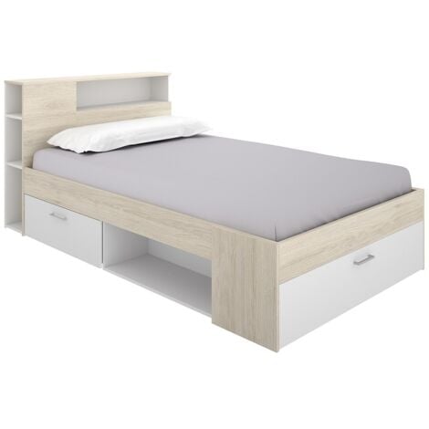 Lit avec tête de lit rangements et tiroir - 120 x 190 cm - Coloris : Naturel et blanc - LEANDRE